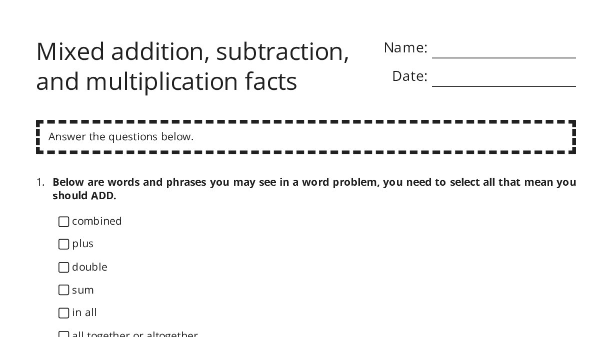 Mixed addition, subtraction, and multiplication facts - My Worksheet ...