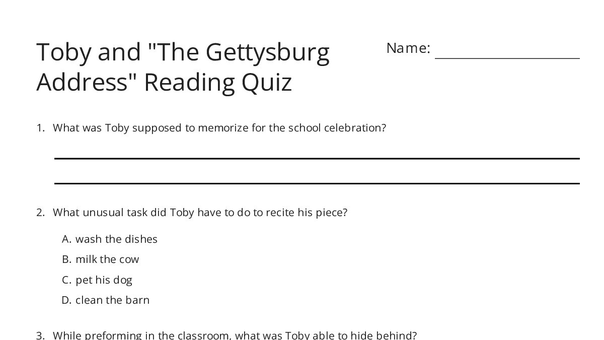 Toby and "The Gettysburg Address" Reading Quiz - My Worksheet Maker ...