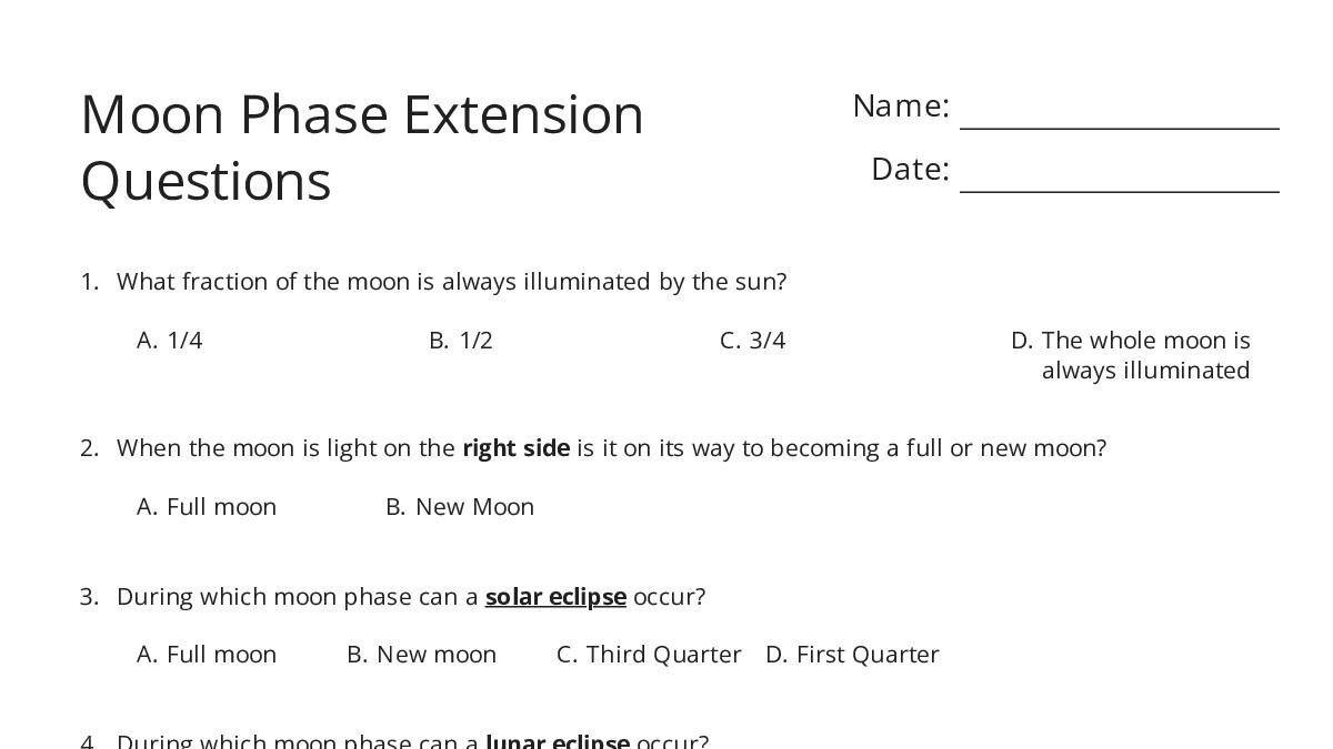 Moon Phase Extension Questions - My Worksheet Maker: Create Your Own ...