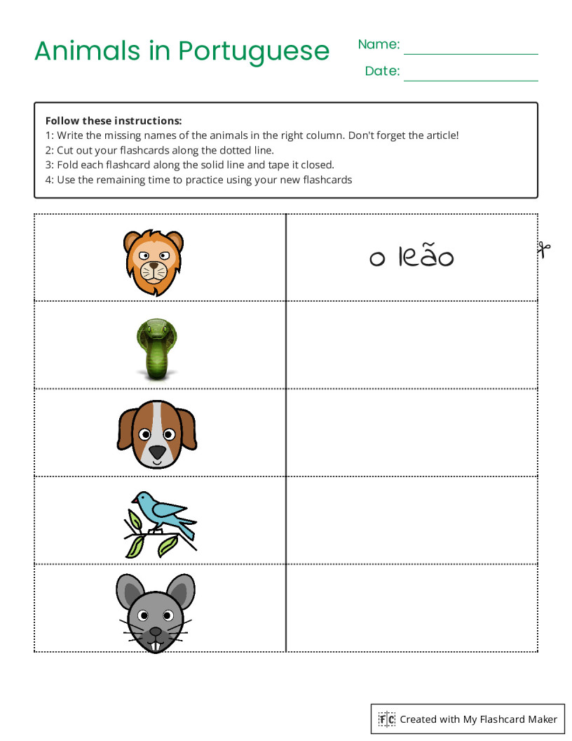 Animals in Portuguese - My Flashcard Maker: Create Your Own Flashcards