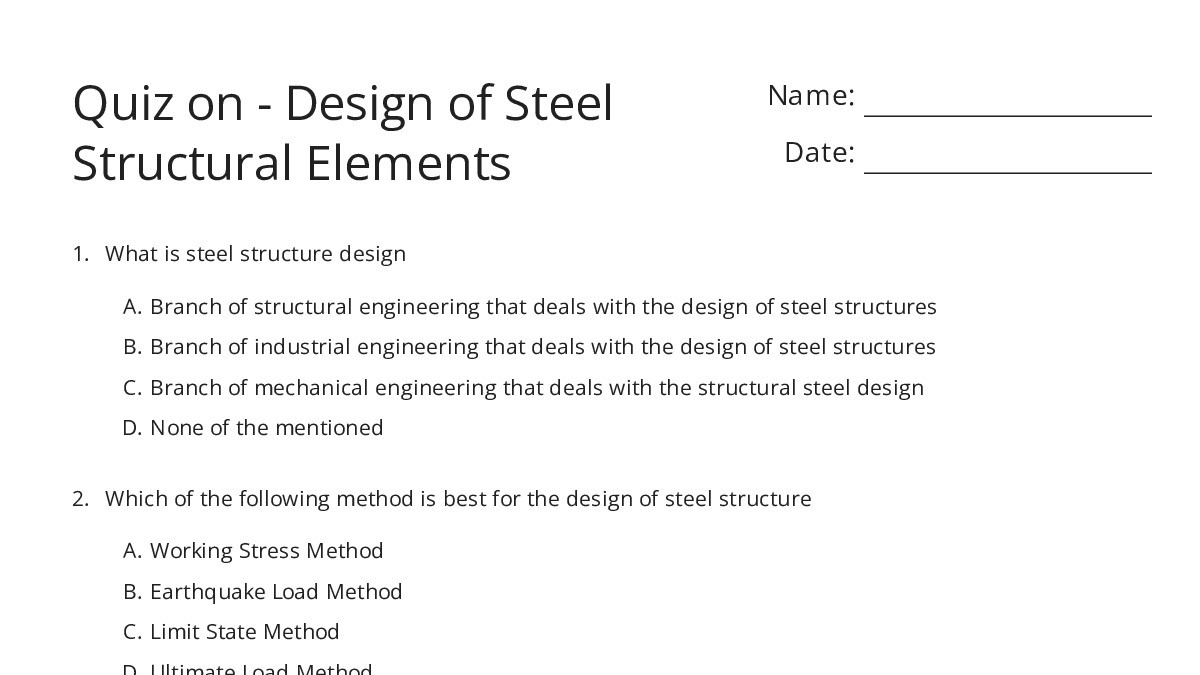 Quiz on - Design of Steel Structural Elements - My Worksheet Maker ...