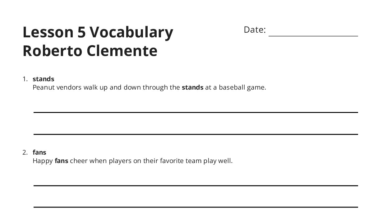 Lesson 5 Vocabulary Roberto Clemente - My Worksheet Maker: Create Your ...