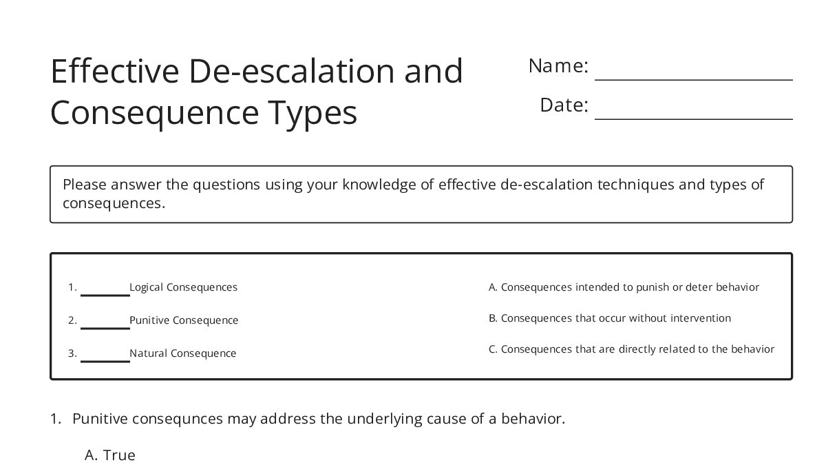 Effective De-escalation and Consequence Types - My Worksheet Maker ...