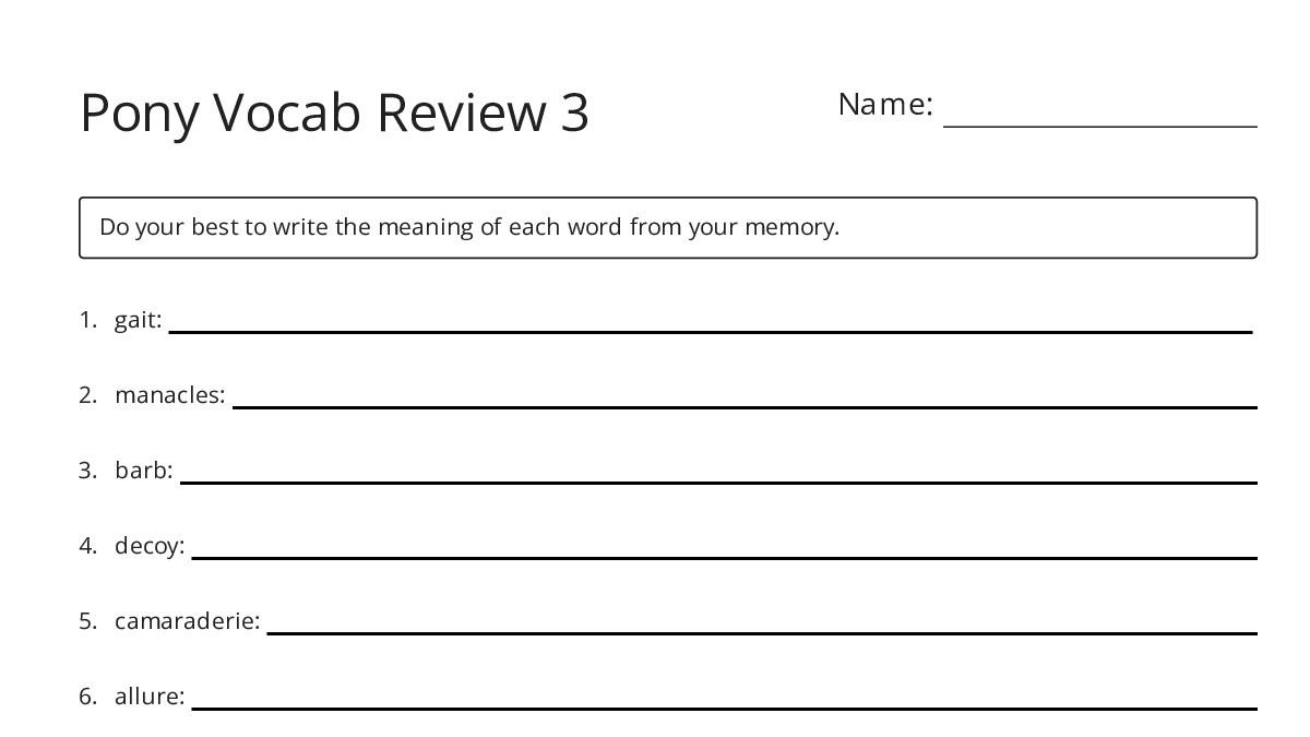 Pony Vocab Review 3 - My Worksheet Maker: Create Your Own Worksheets