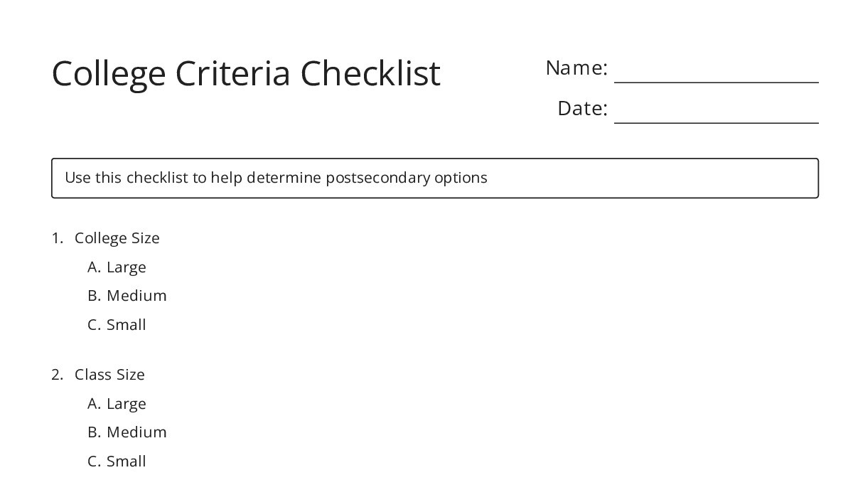 College Criteria Checklist - My Worksheet Maker: Create Your Own Worksheets