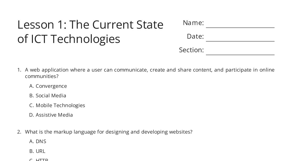 Lesson 1: The Current State of ICT Technologies - My Worksheet Maker ...