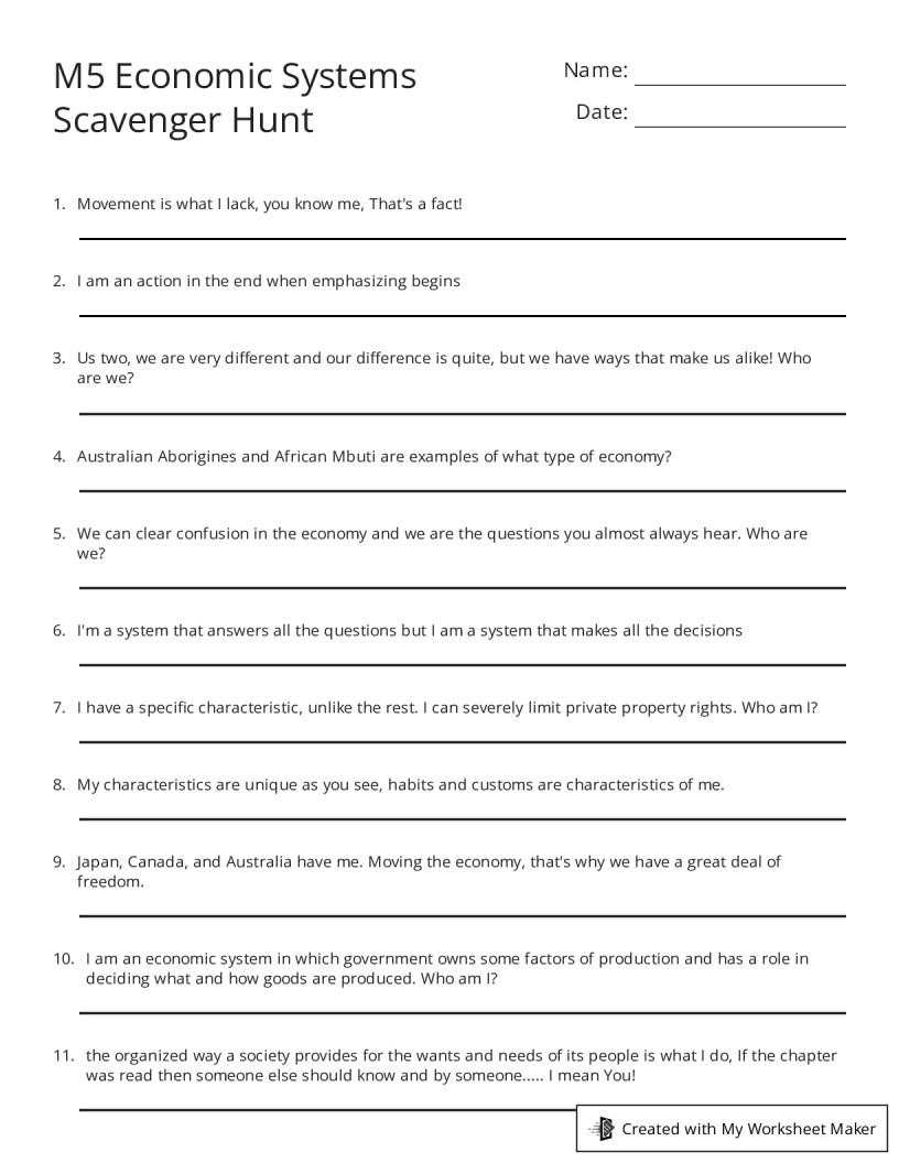 M5 Economic Systems Scavenger Hunt - My Worksheet Maker: Create Your ...