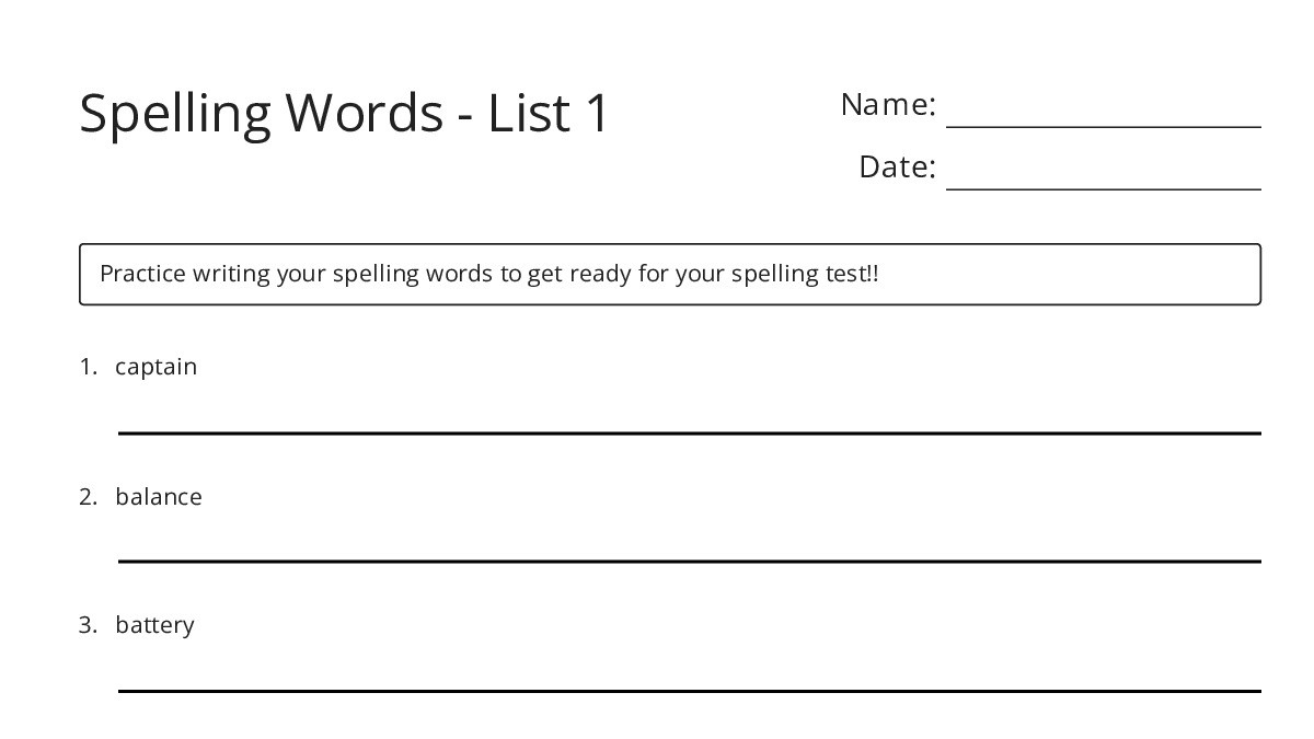 Spelling Words - List 1 - My Worksheet Maker: Create Your Own Worksheets