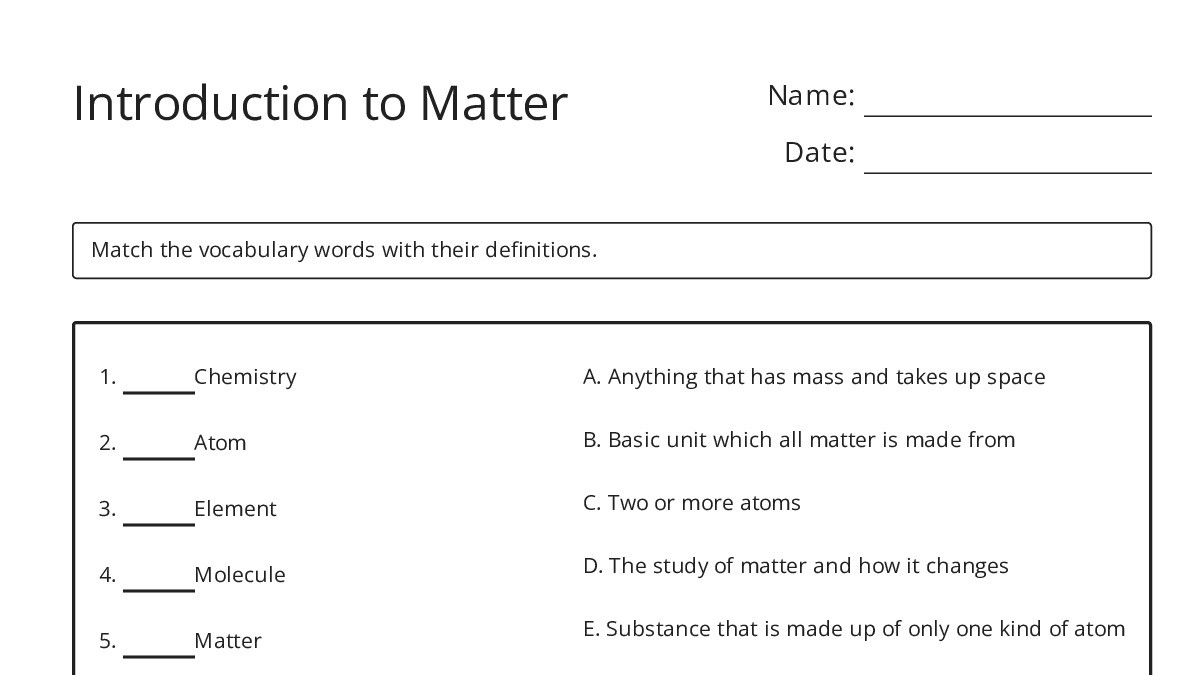 Introduction to Matter - My Worksheet Maker: Create Your Own Worksheets