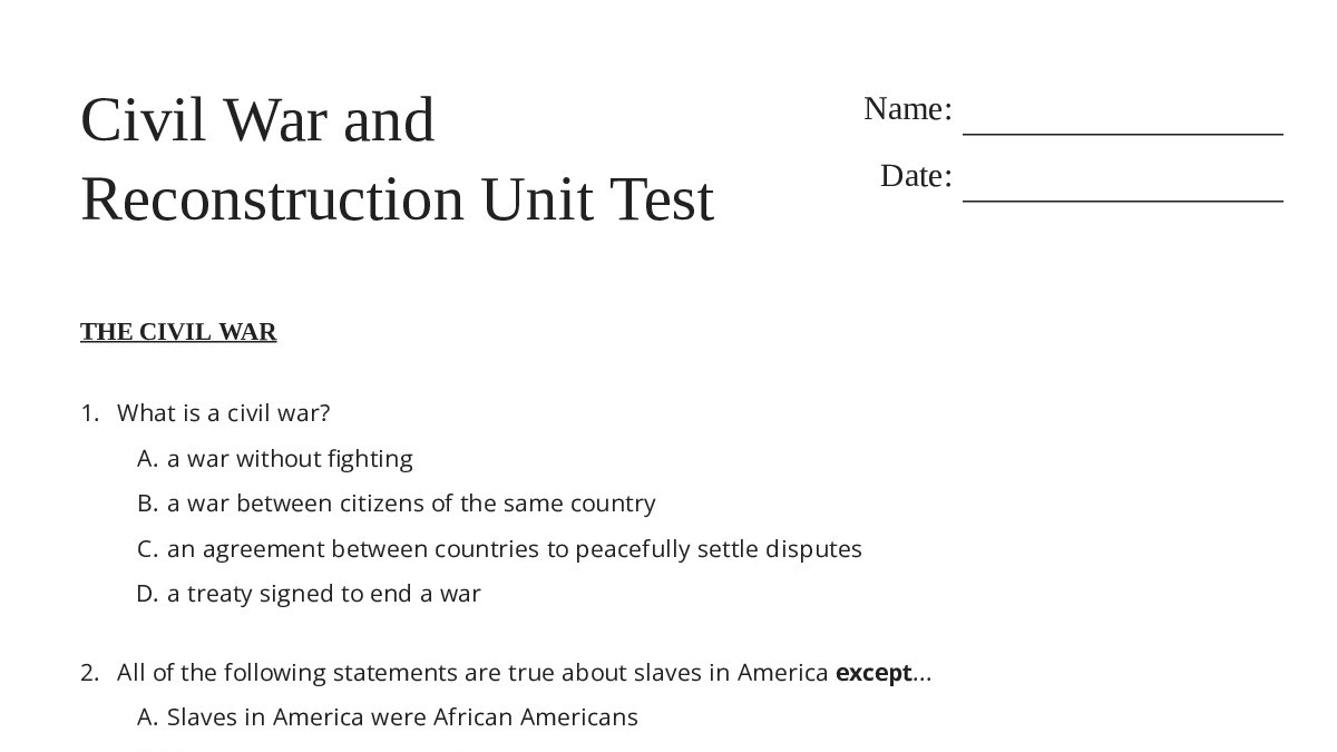Civil War and Reconstruction Unit Test - My Worksheet Maker: Create ...