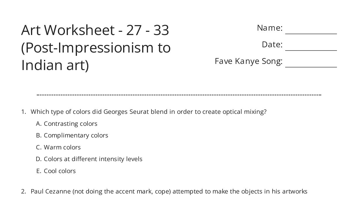 Art Worksheet - 27 - 33 (Post-Impressionism to Indian art) - My ...