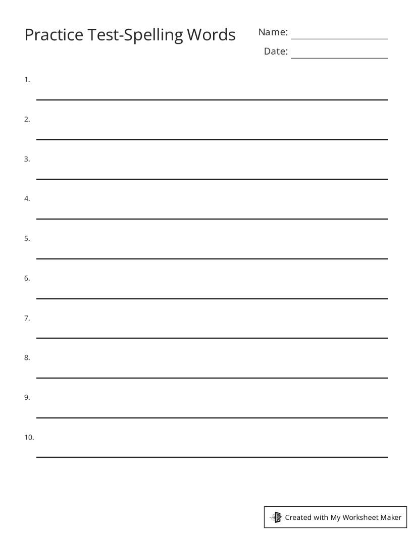 Practice Test-Spelling Words - My Worksheet Maker: Create Your Own ...