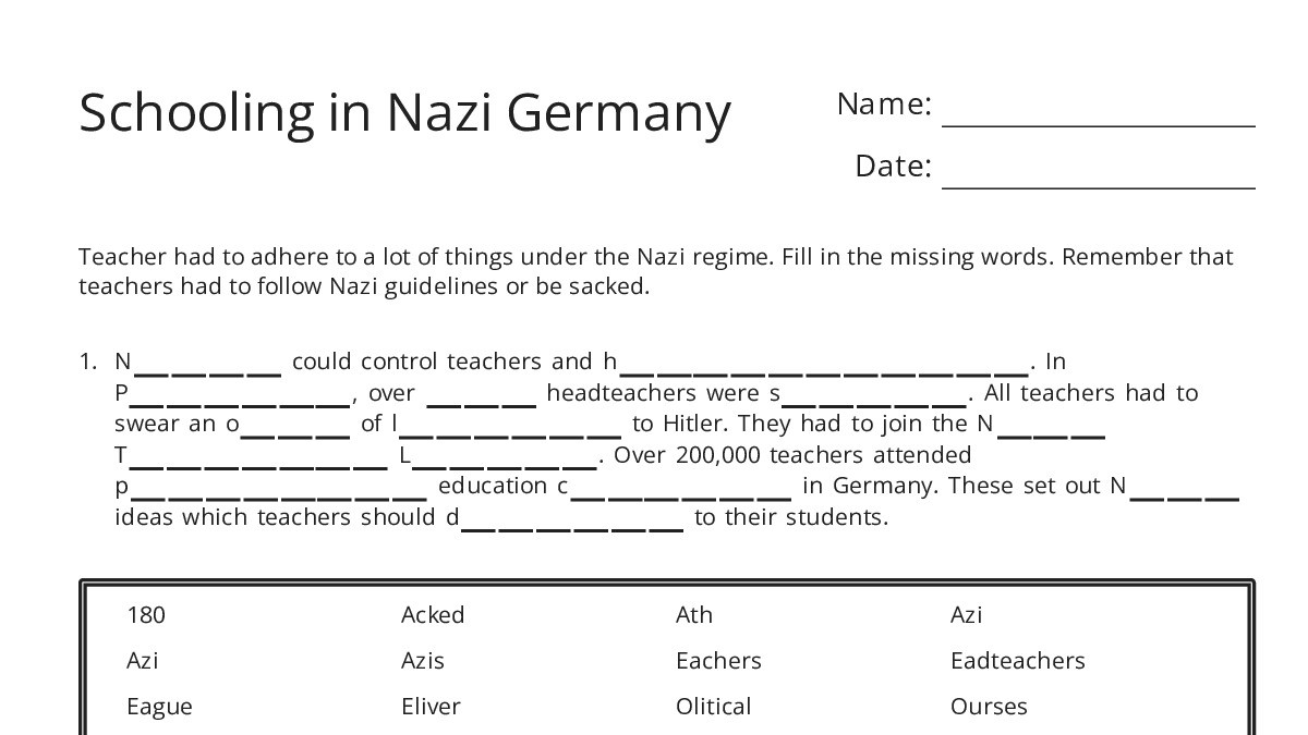 Schooling in Nazi Germany - My Worksheet Maker: Create Your Own Worksheets
