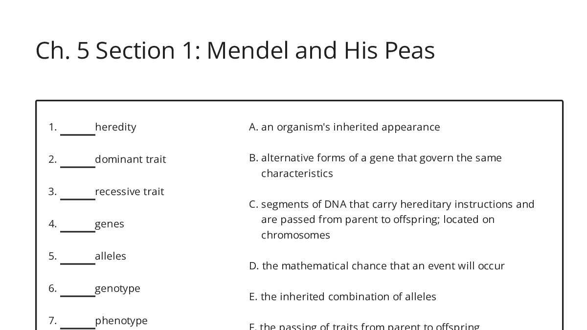 Ch. 5 Section 1: Mendel and His Peas - My Worksheet Maker: Create Your ...