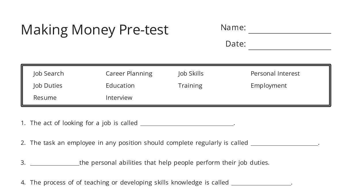 Making Money Pre-test - My Worksheet Maker: Create Your Own Worksheets