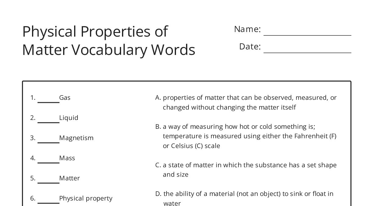 Physical Properties of Matter Vocabulary Words - My Worksheet Maker ...