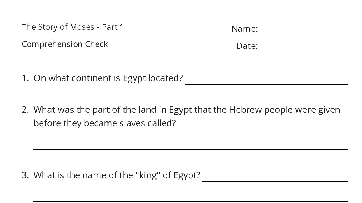 The Story of Moses - Part 1 Comprehension Check - My Worksheet Maker ...