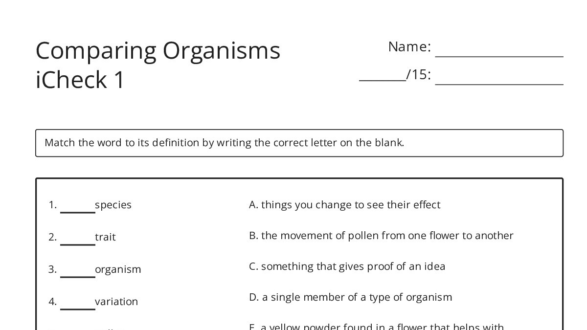 Comparing Organisms iCheck 1 - My Worksheet Maker: Create Your Own ...