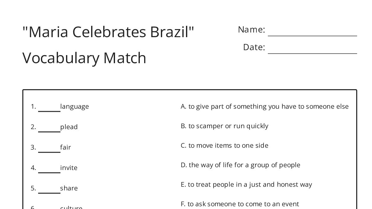 "Maria Celebrates Brazil" Vocabulary Match - My Worksheet Maker: Create ...