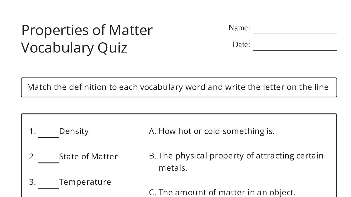 Properties of Matter Vocabulary Quiz - My Worksheet Maker: Create Your ...