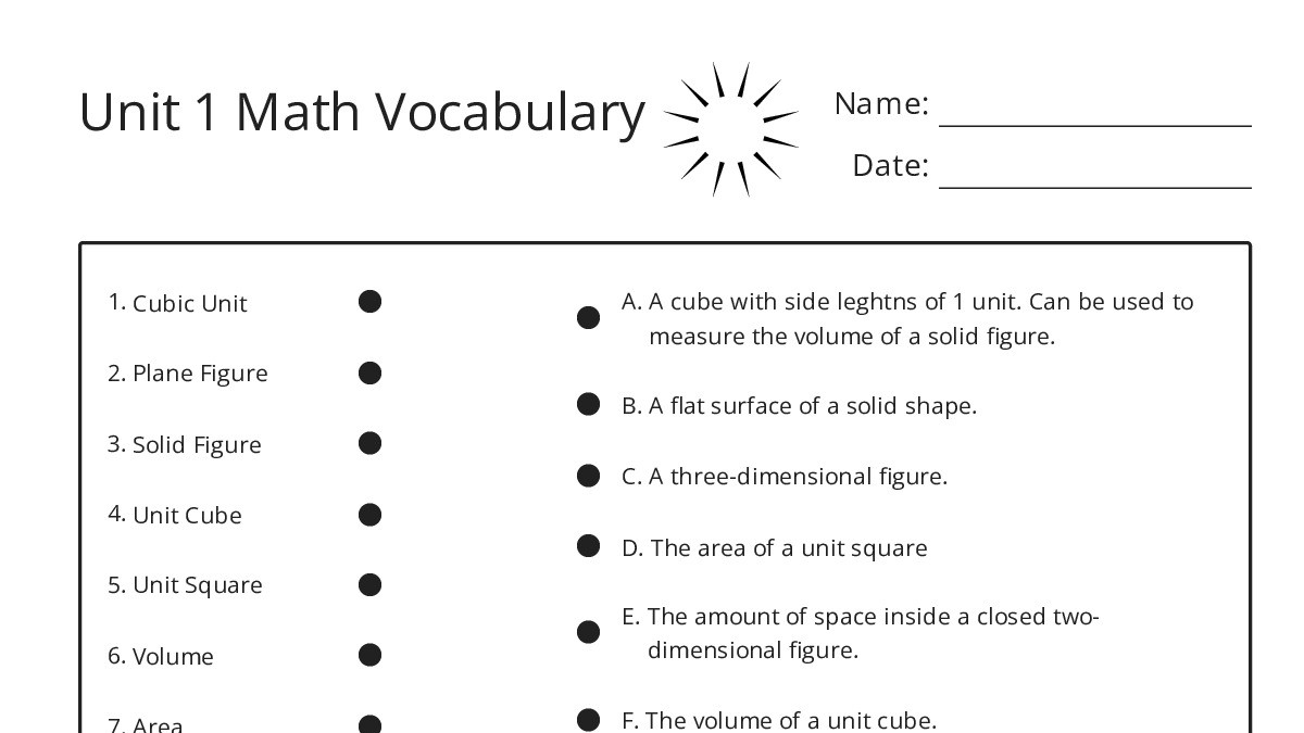 Unit 1 Math Vocabulary - My Worksheet Maker: Create Your Own Worksheets