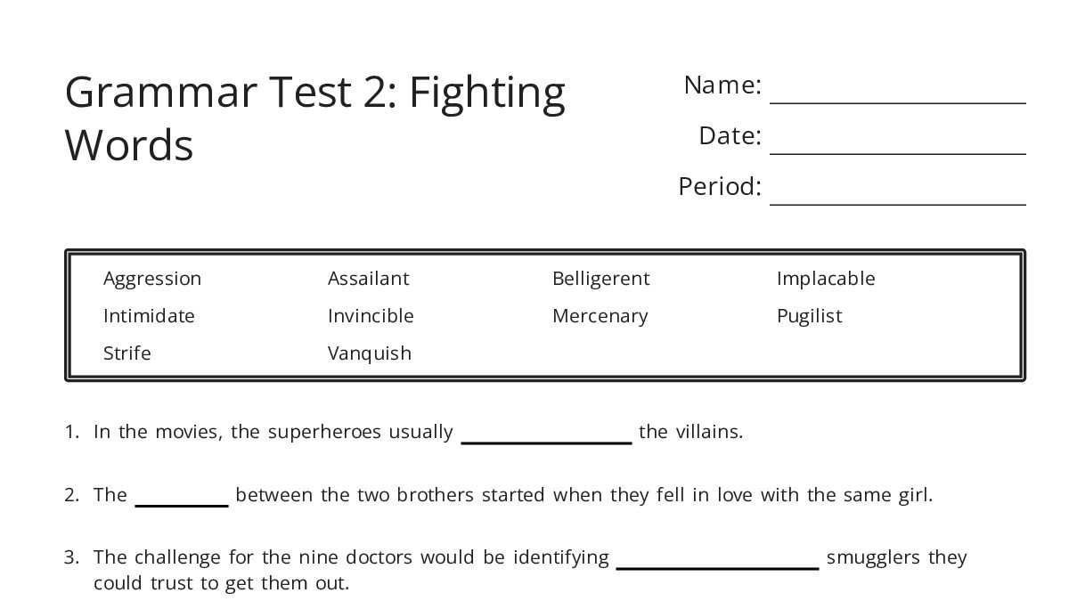 Grammar Test 2: Fighting Words - My Worksheet Maker: Create Your Own ...