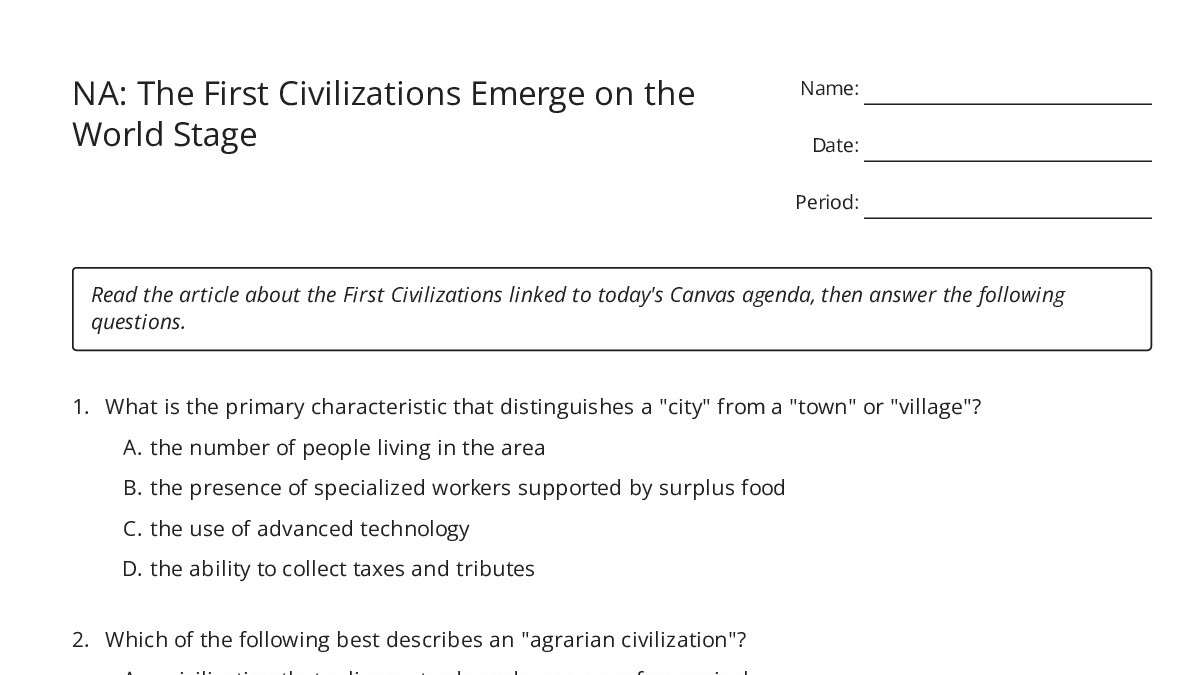 NA: The First Civilizations Emerge on the World Stage - My Worksheet ...