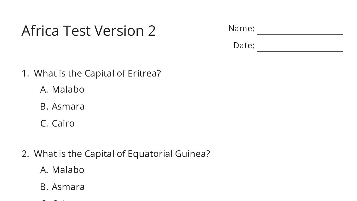 Africa Test Version 2 - My Worksheet Maker: Create Your Own Worksheets