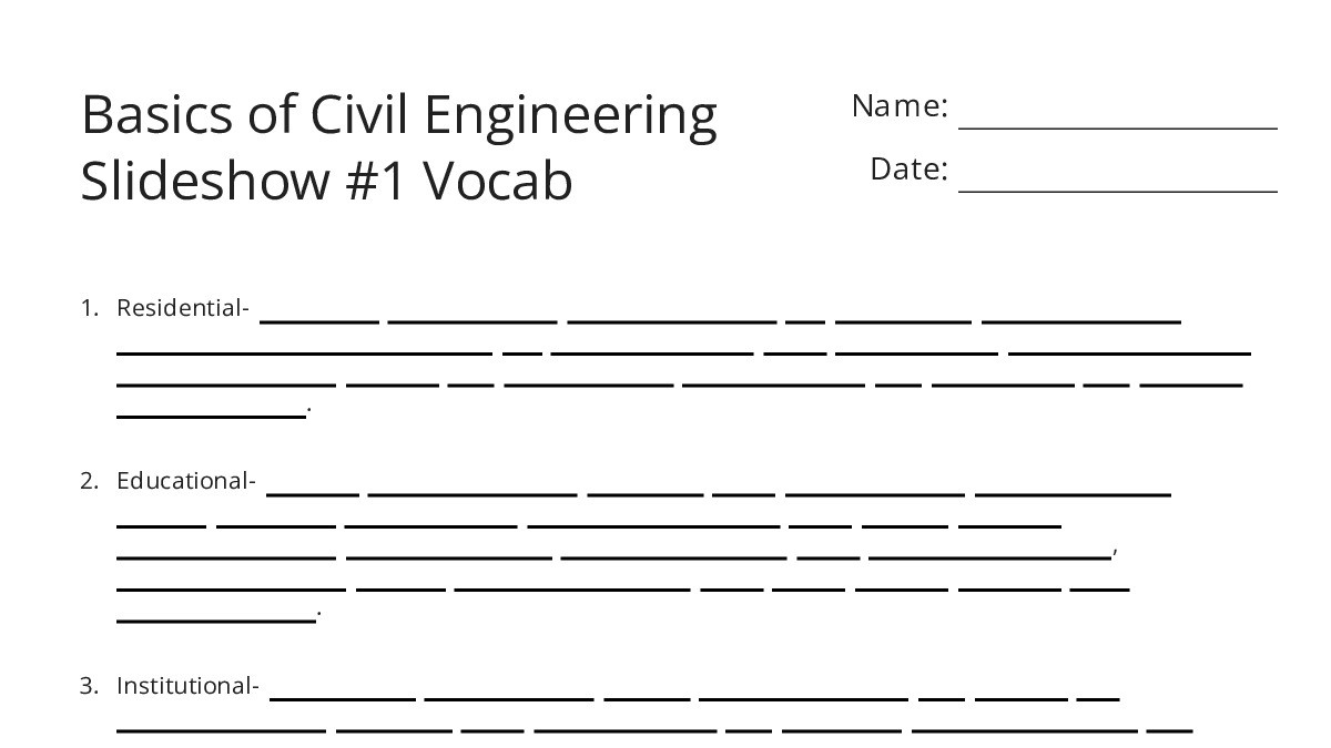Basics of Civil Engineering Slideshow #1 Vocab - My Worksheet Maker ...