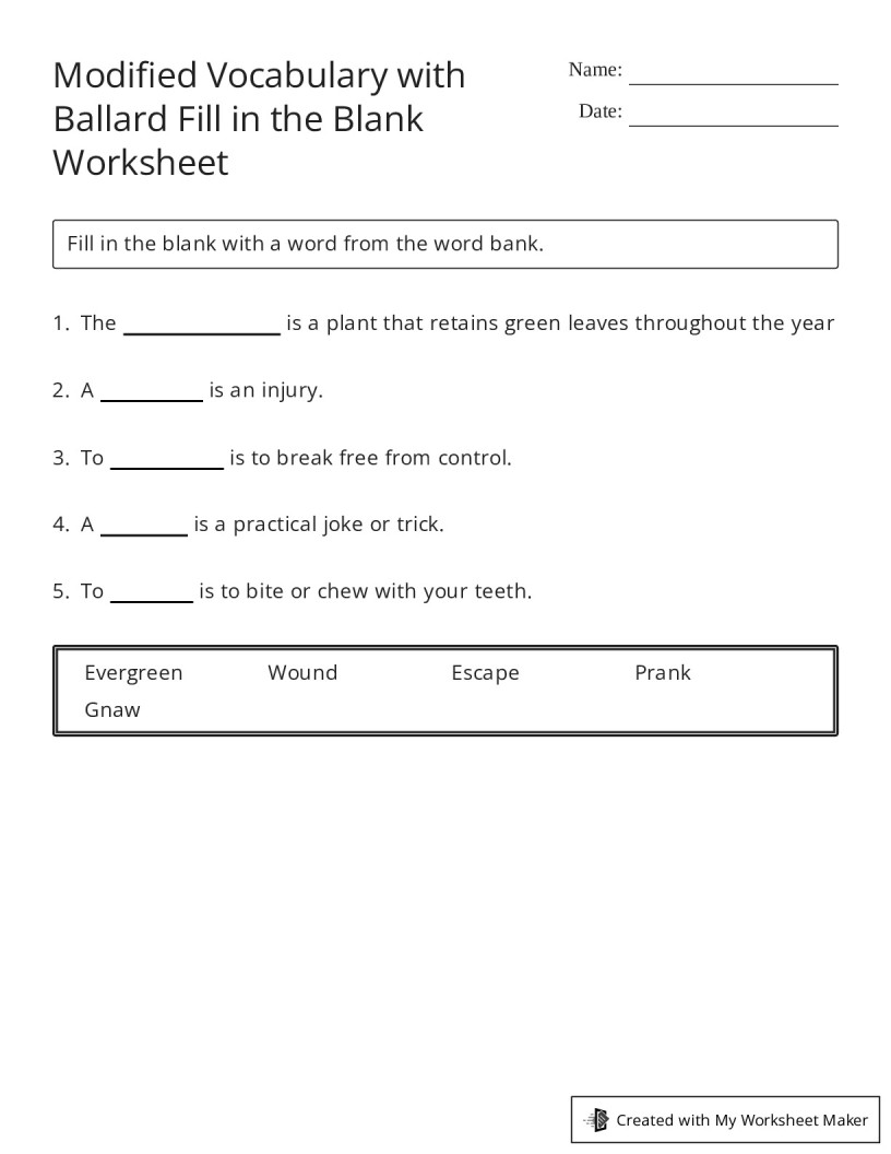 Modified Vocabulary with Ballard Fill in the Blank Worksheet - My ...