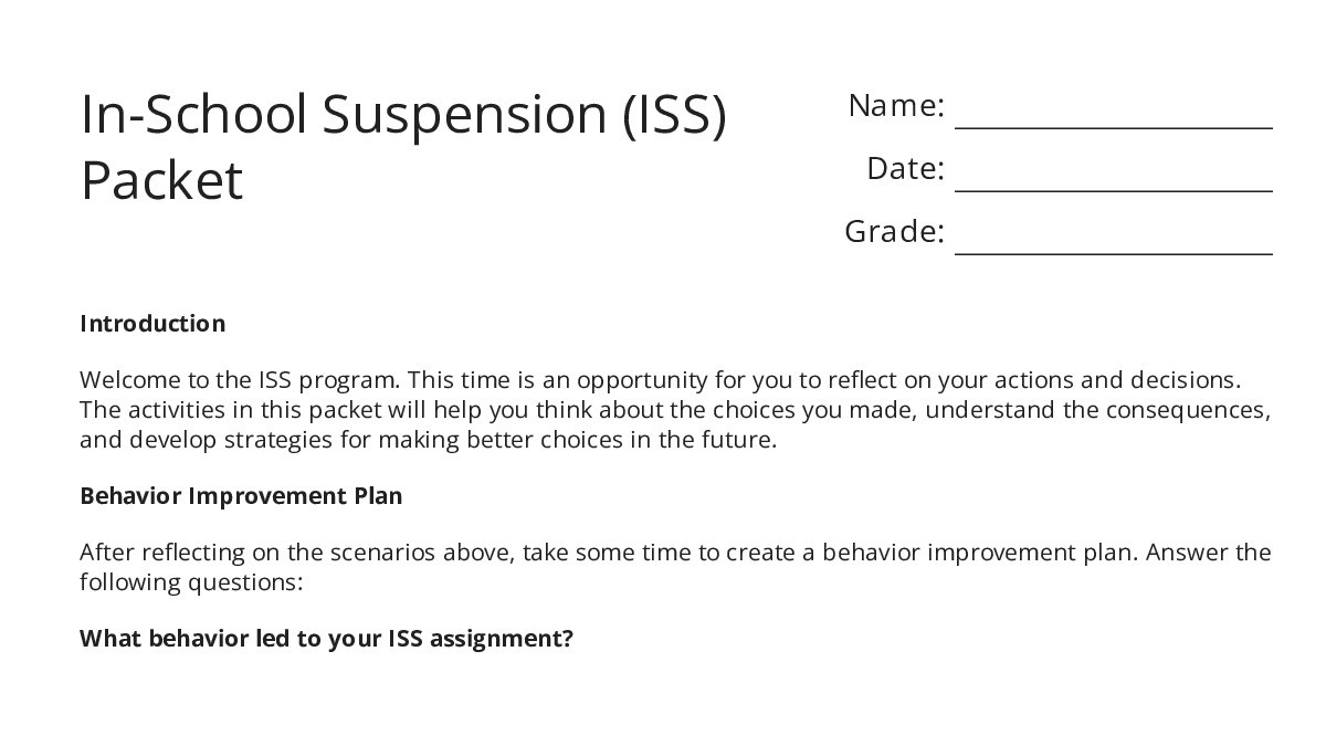 In-School Suspension (ISS) Packet - My Worksheet Maker: Create Your Own ...