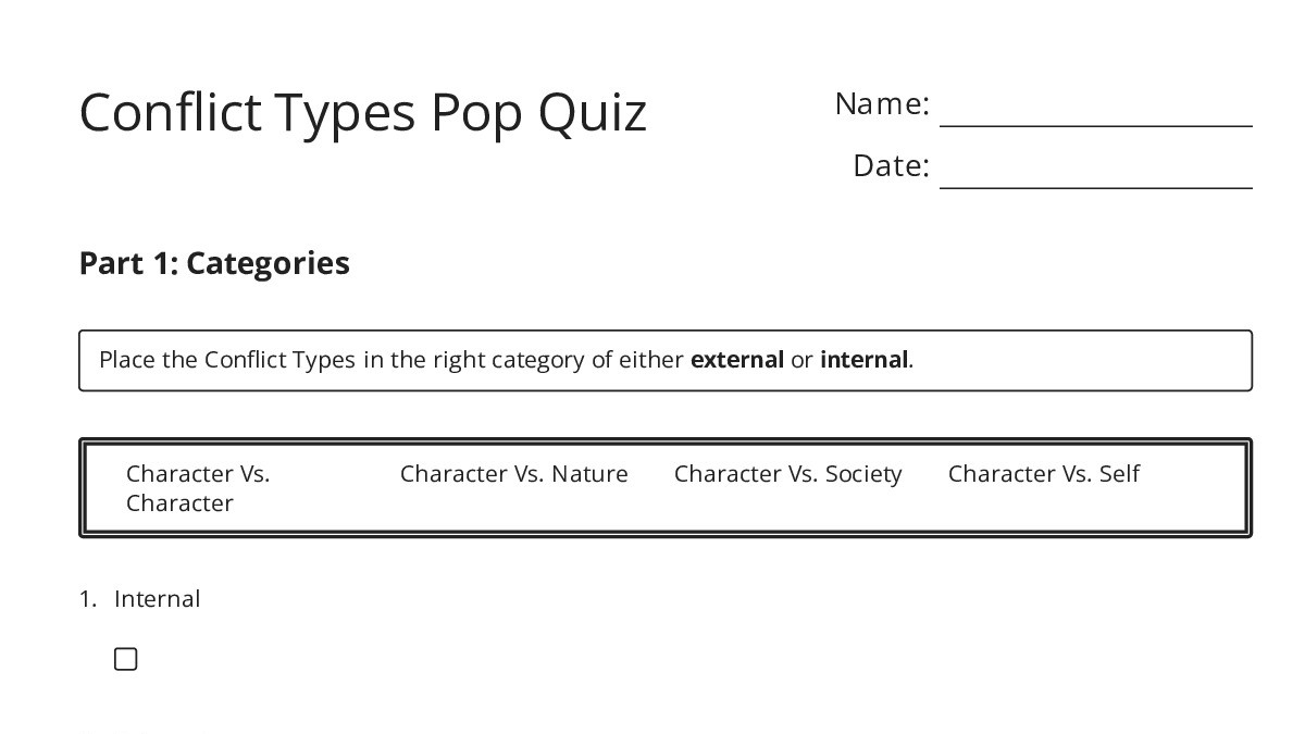 Conflict Types Pop Quiz - My Worksheet Maker: Create Your Own Worksheets
