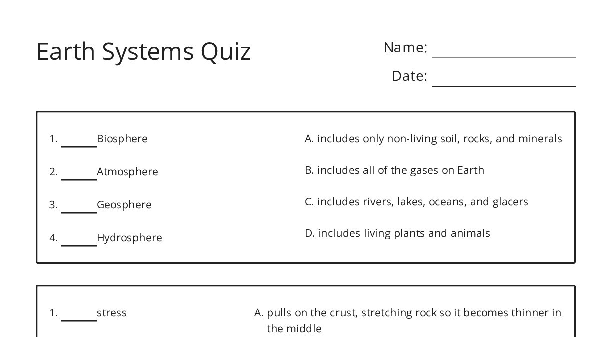 Earth Systems Quiz - My Worksheet Maker: Create Your Own Worksheets