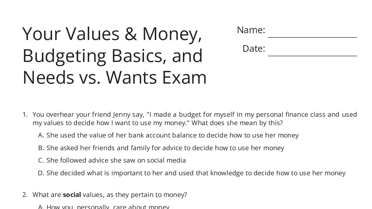 Your Values & Money, Budgeting Basics, and Needs vs. Wants Exam - My ...