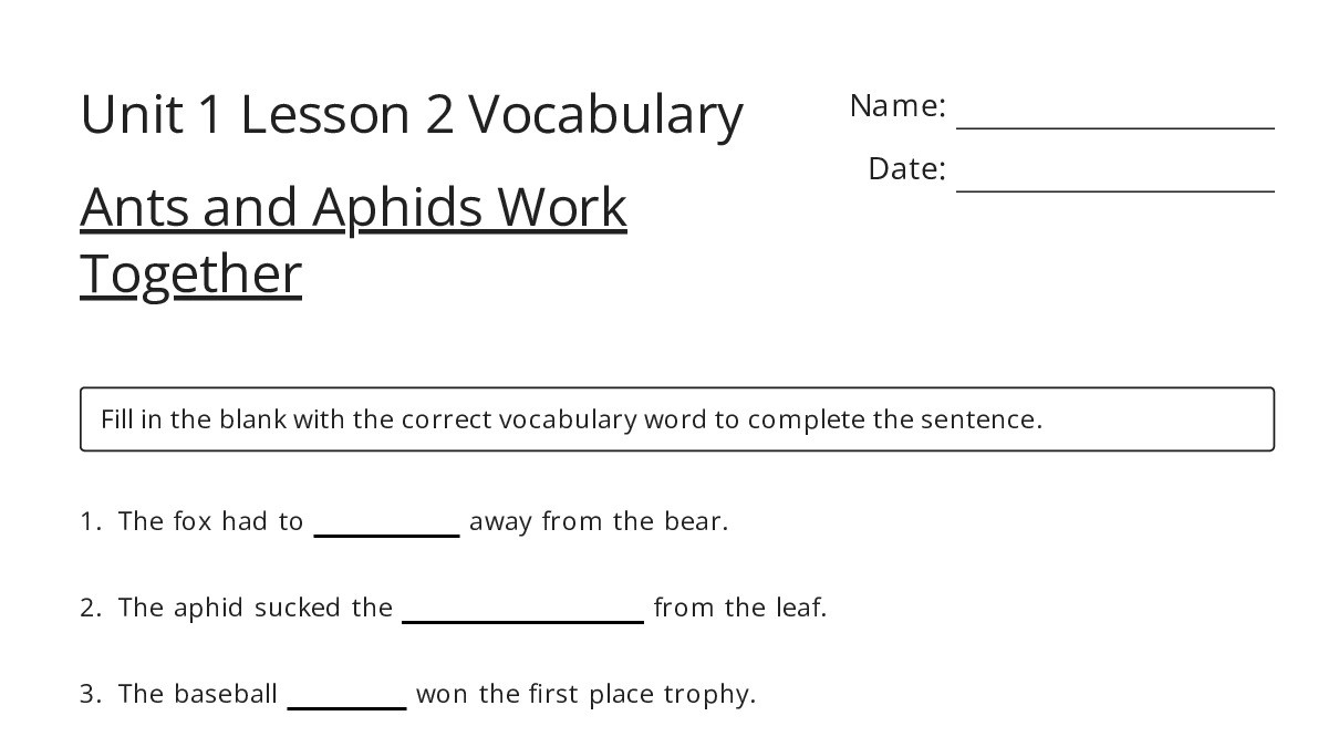 Unit 1 Lesson 2 Vocabulary Ants and Aphids Work Together - My Worksheet ...