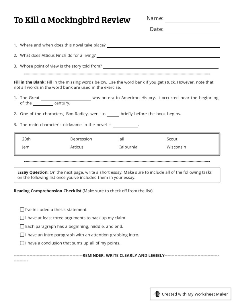 To Kill a Mockingbird Review - My Worksheet Maker: Create Your Own ...