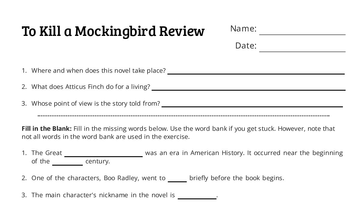 To Kill a Mockingbird Review - My Worksheet Maker: Create Your Own ...