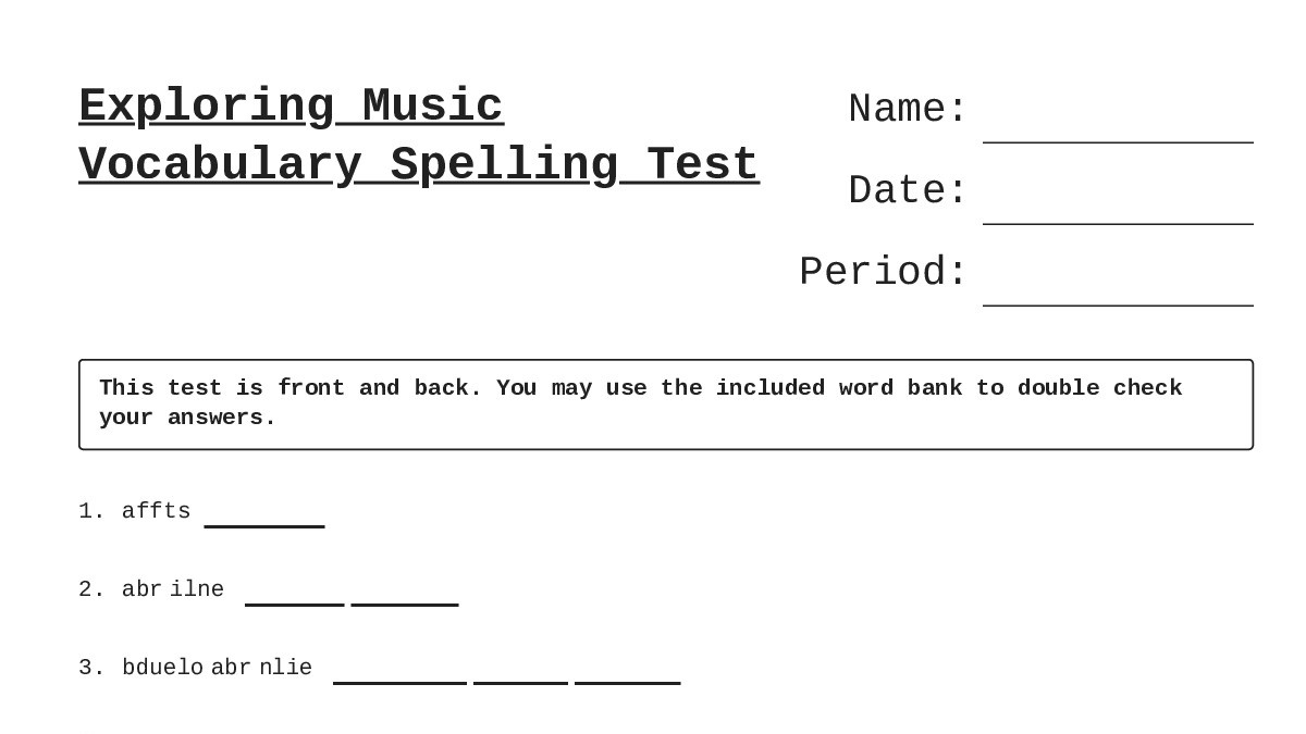 Exploring Music Vocabulary Spelling Test - My Worksheet Maker: Create ...