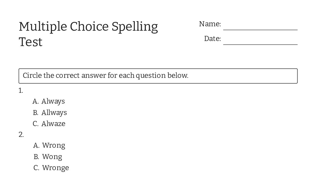 Multiple Choice Spelling Test - My Worksheet Maker: Create Your Own ...