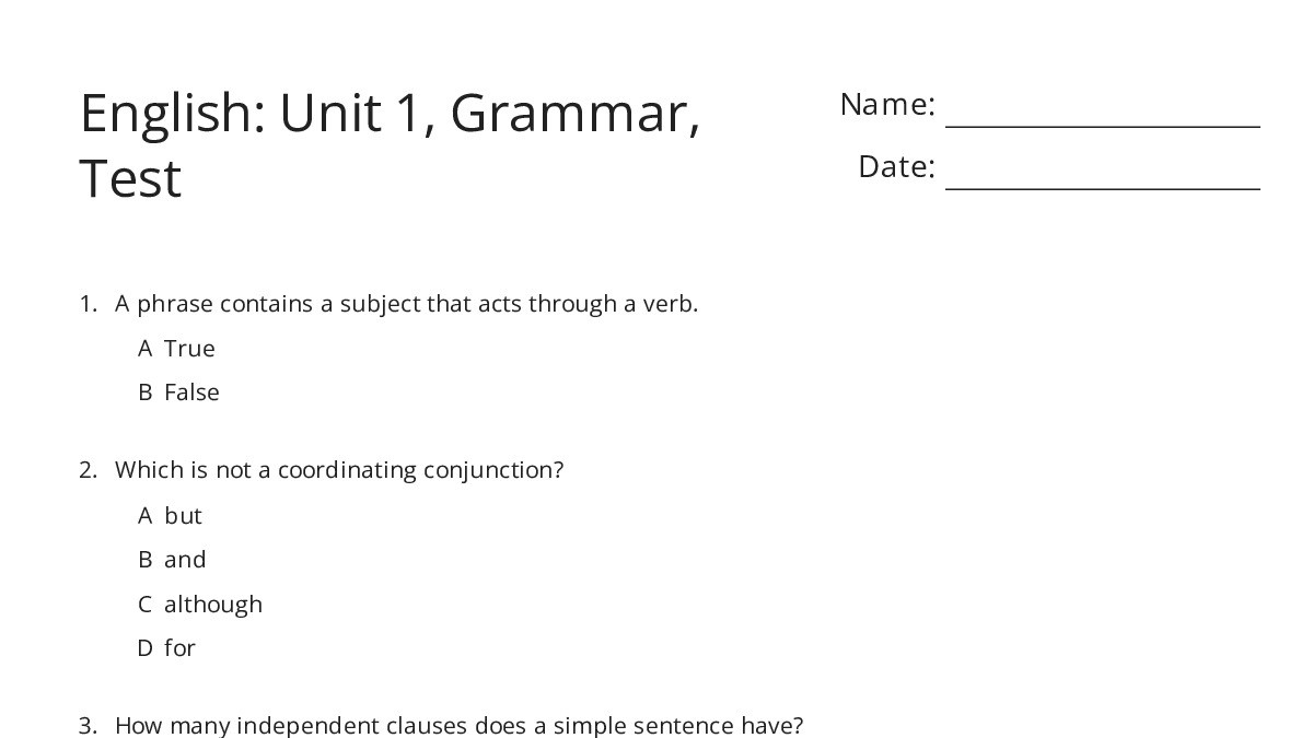 English: Unit 1, Grammar, Test - My Worksheet Maker: Create Your Own ...