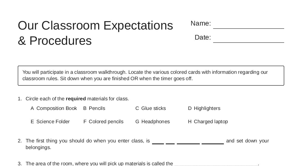 Our Classroom Expectations & Procedures - My Worksheet Maker: Create ...