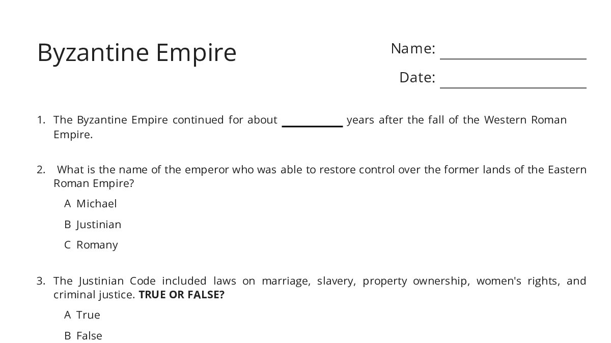 Byzantine Empire - My Worksheet Maker: Create Your Own Worksheets