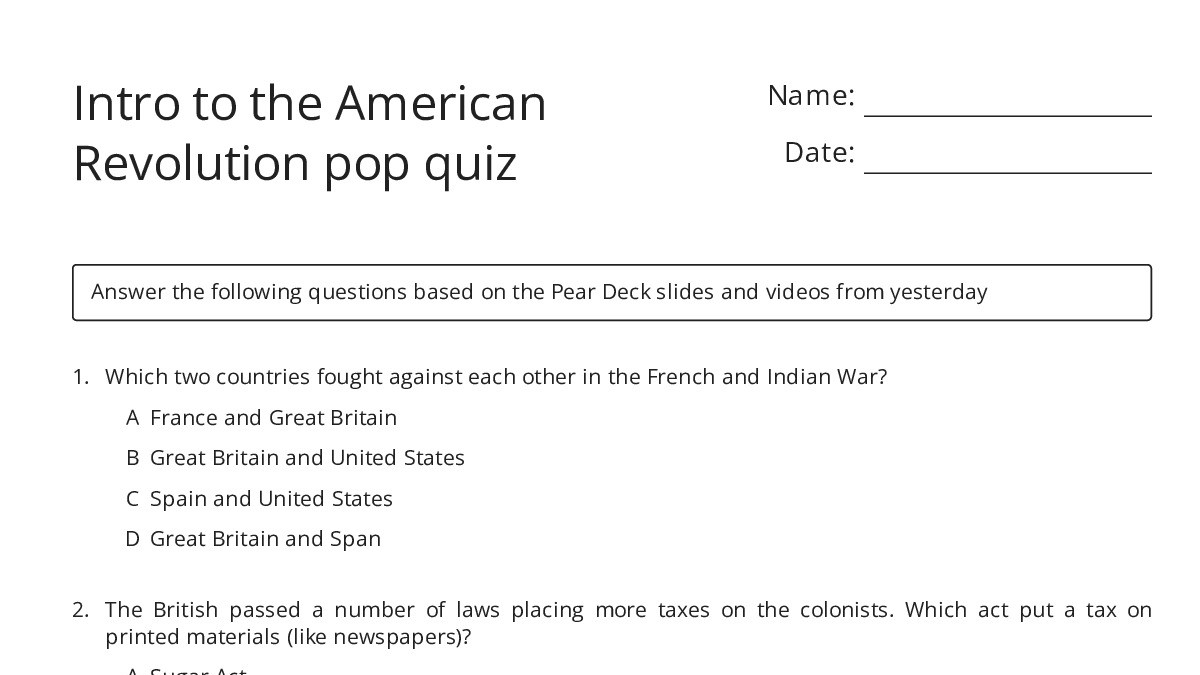 Intro to the American Revolution pop quiz - My Worksheet Maker: Create ...