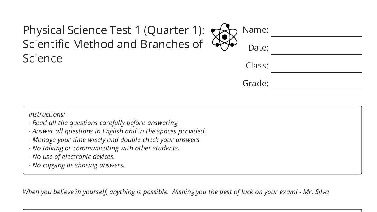Physical Science Test 1 (Quarter 1): Scientific Method and Branches of ...