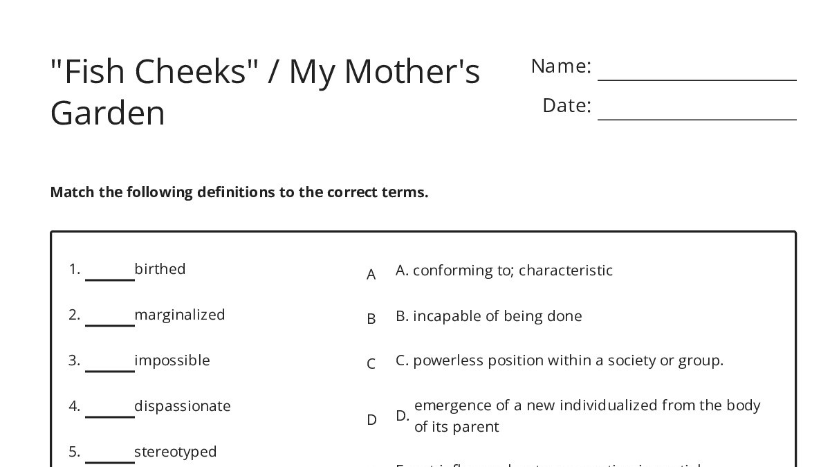 "Fish Cheeks" / My Mother's Garden - My Worksheet Maker: Create Your ...