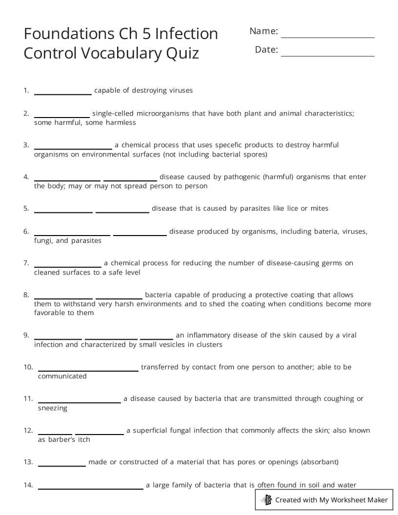 Foundations Ch 5 Infection Control Vocabulary Quiz - My Worksheet Maker ...