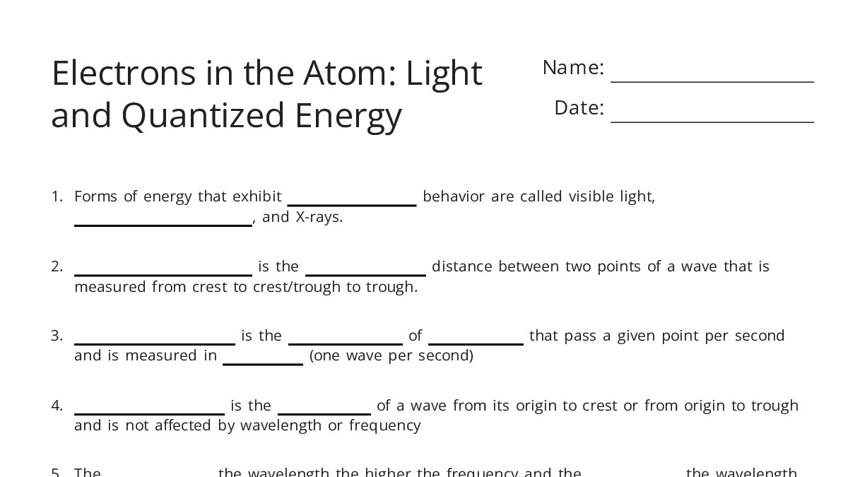 Electrons in the Atom: Light and Quantized Energy - My Worksheet Maker ...