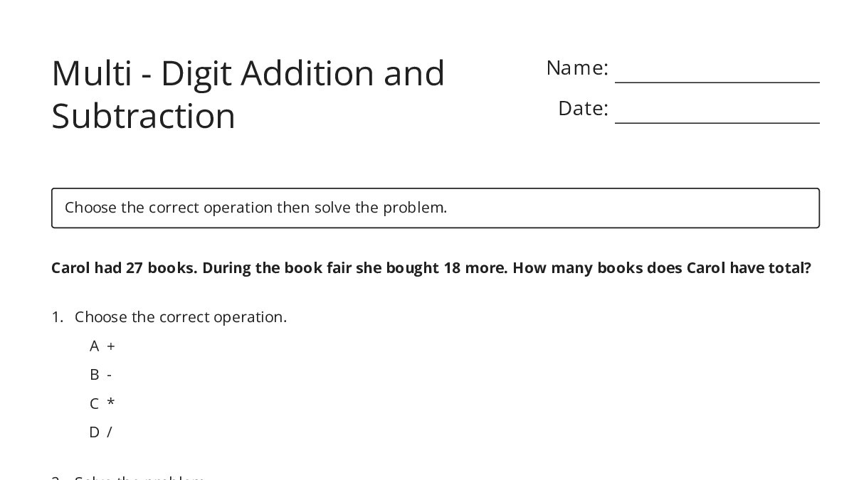 Multi - Digit Addition and Subtraction - My Worksheet Maker: Create ...