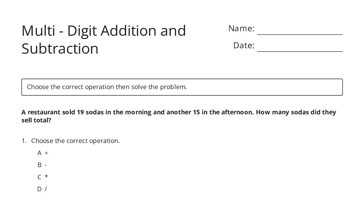 Multi - Digit Addition and Subtraction - My Worksheet Maker: Create ...
