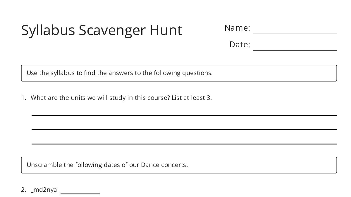 Syllabus Scavenger Hunt - My Worksheet Maker: Create Your Own Worksheets